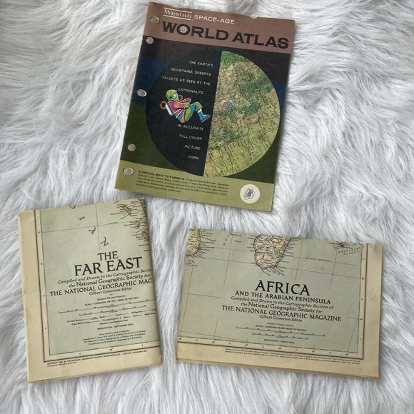 Art | Vintage World Atlas 2 Large Maps 5s 60s Far East Africa Paper ...